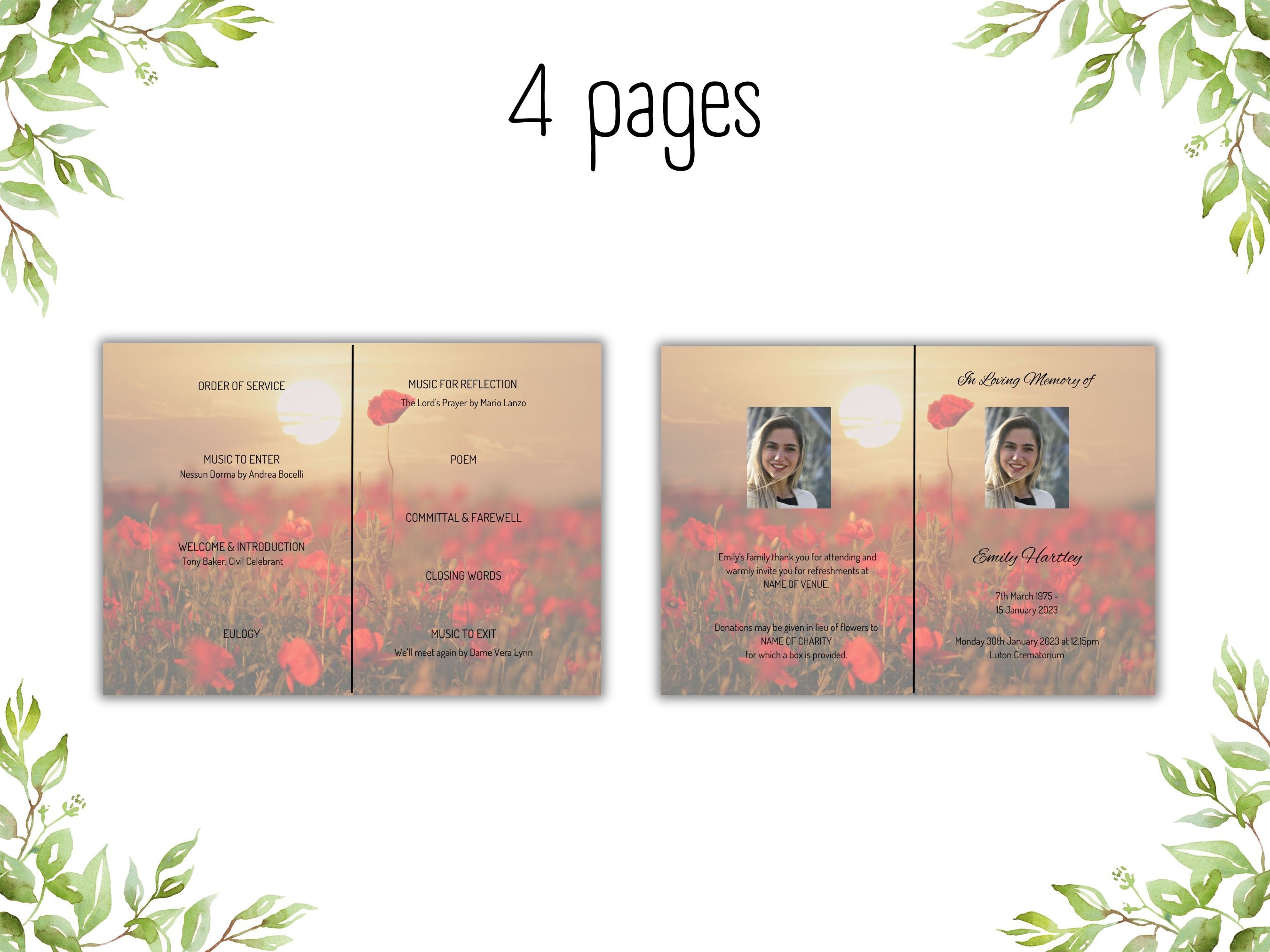 Funeral Order of Service Poppy, Minimalist Funeral Program Template ...