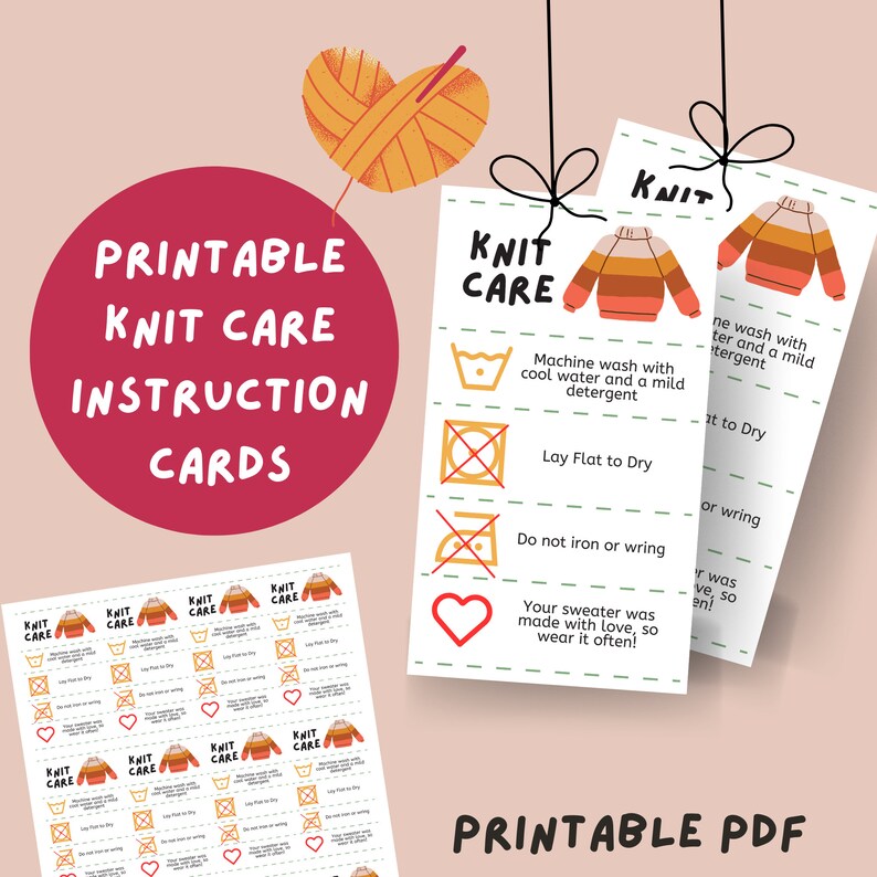 Handmade Care Card, Knit Gift Tag, Printable Care Instructions ...