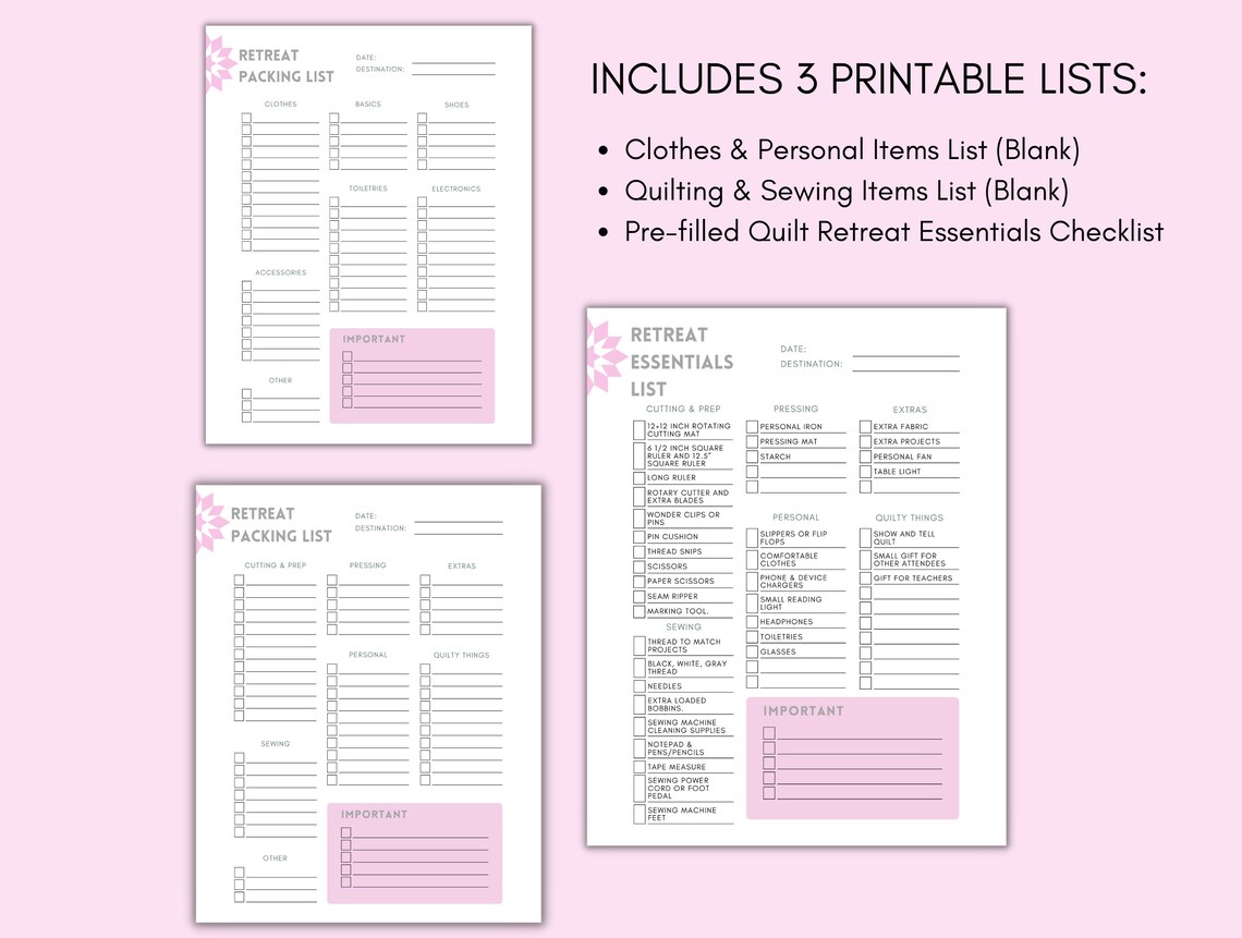 Quilt Retreat Packing Checklist: Printable Sewing Organizer (PDF) - Etsy