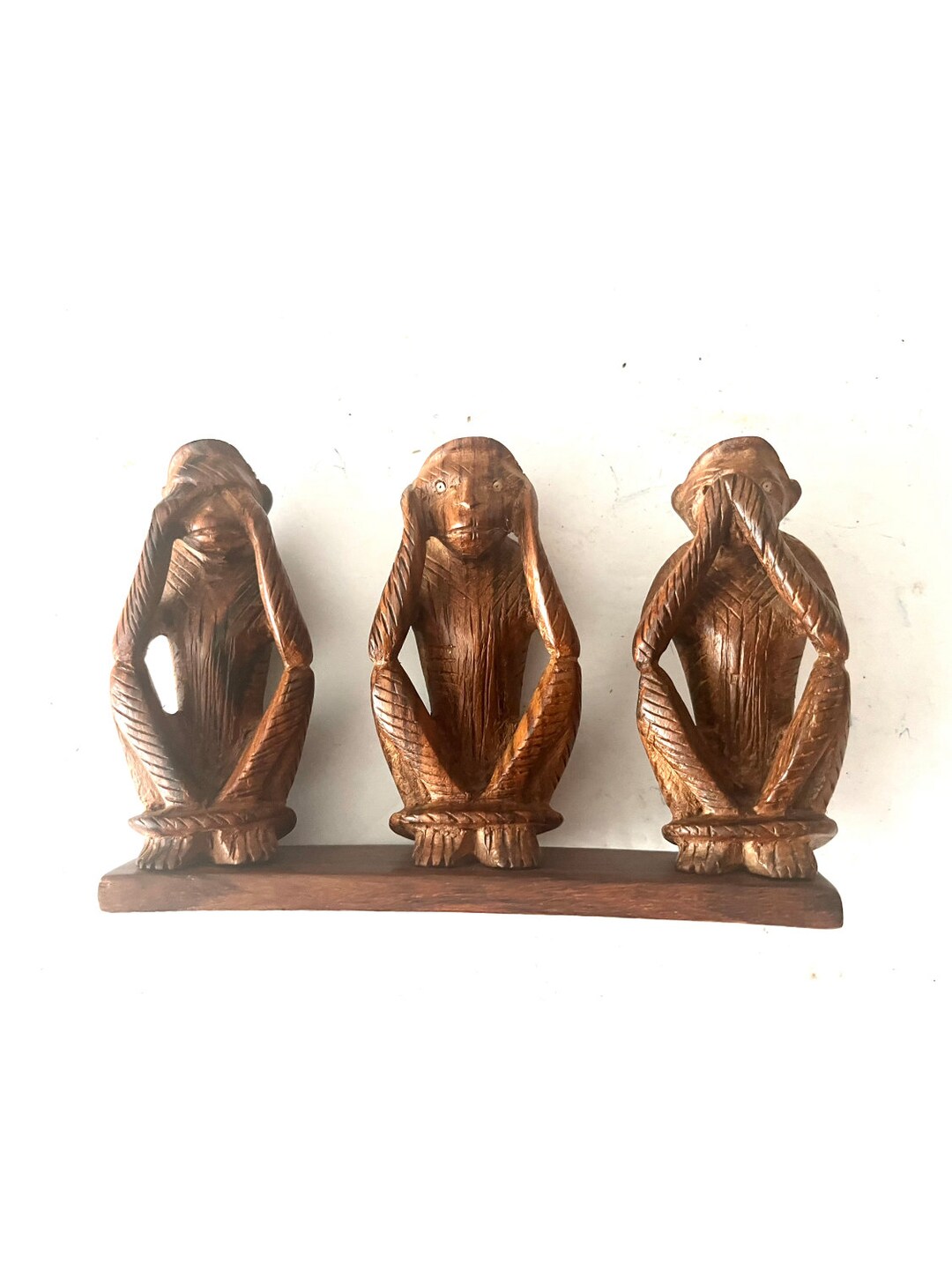Vintage Three Hand Carved Monkeys, Woof Figurine, Carved Wood, Mid ...