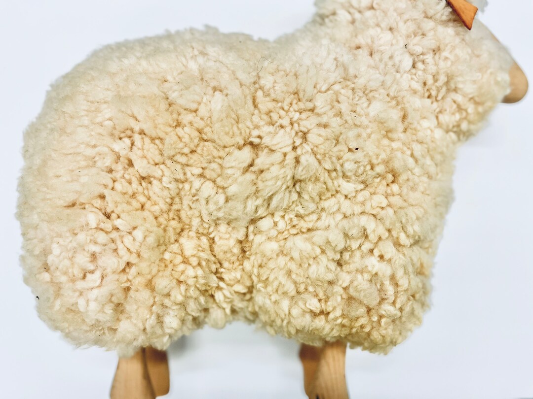 Vintage Wool Sheep Stool, Wood Legs, Wood and Wool Stool, Mid Century ...