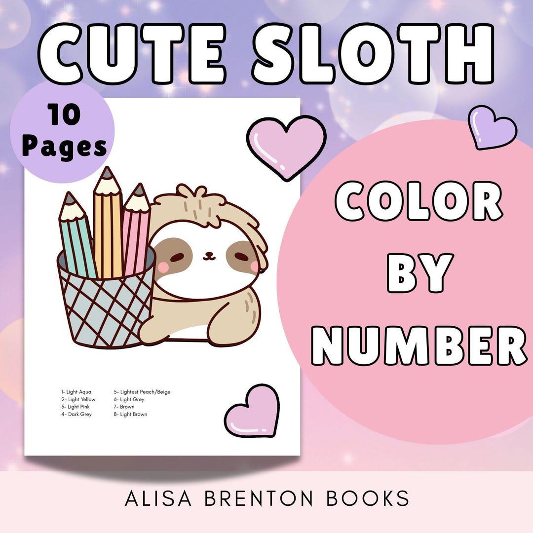 Kawaii Sloth Color by Number | 10 Printable Coloring Pages (digital ...