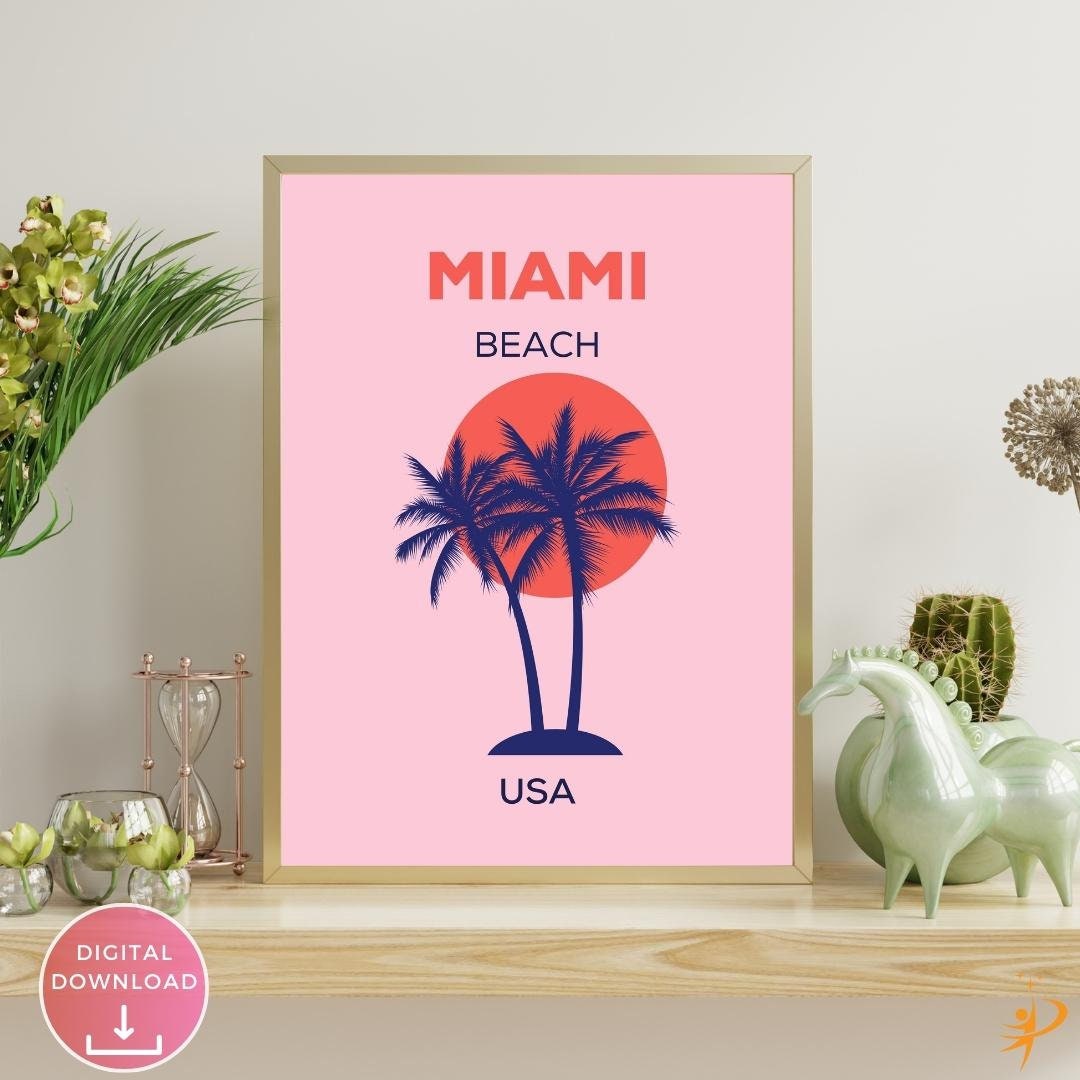 Miami Beach Travel Poster - 24x36 Inch Digital Print for Preppy Room ...