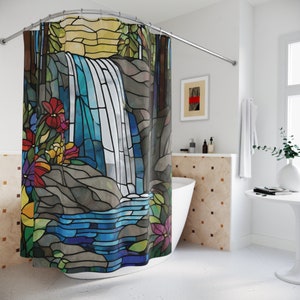 Stained Glass Waterfall With Bold Flowers Shower Curtain Floral Forest ...