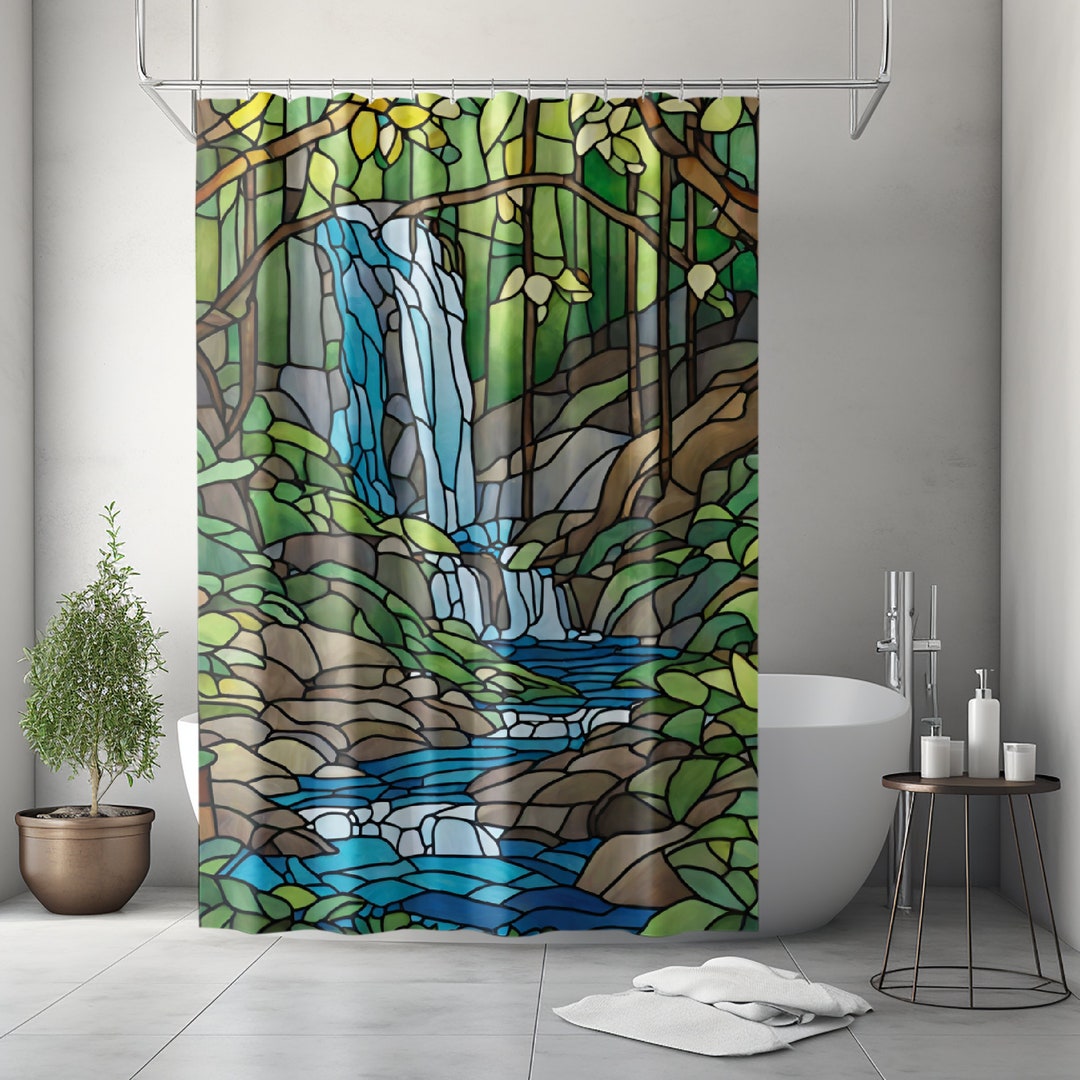 Stained Glass Waterfall in Forest Shower Curtain, Stained Glass ...