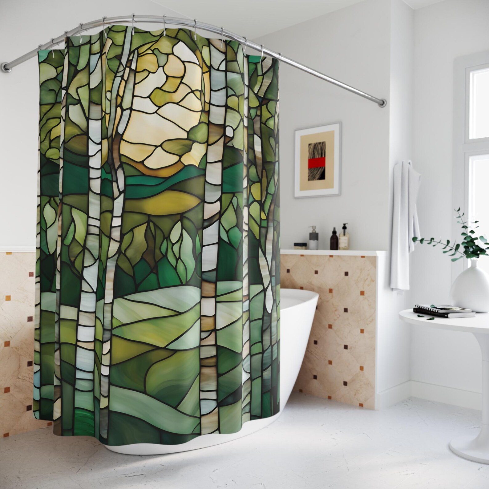Birch Tree Woods With Sun Shower Curtain Stained Glass Art Deco ...