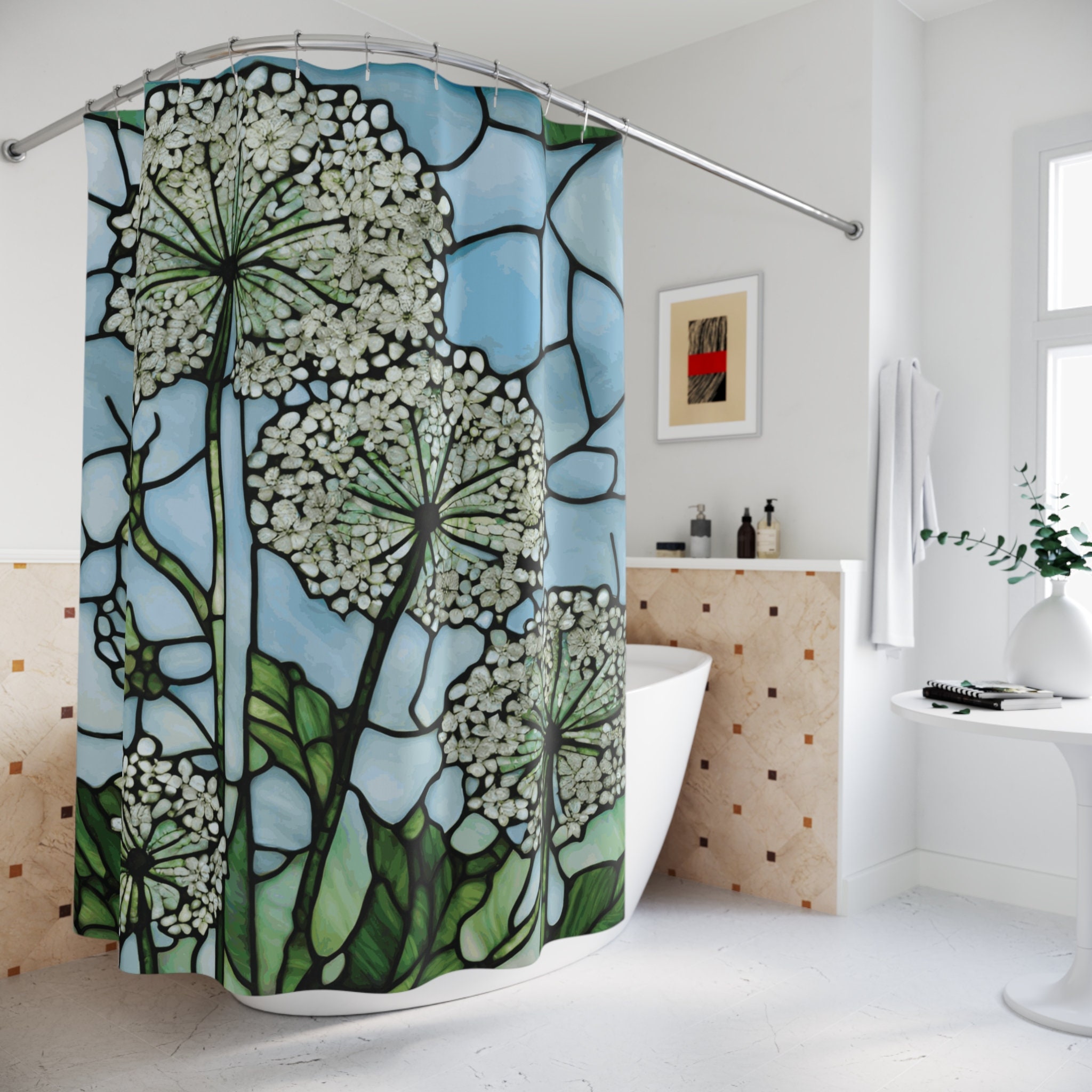Stained Glass Queen Anne's Lace Shower Curtain Cottagecore Wildflower ...