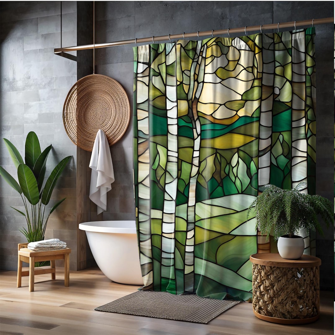 Birch Tree Woods With Sun Shower Curtain Stained Glass Art Deco ...