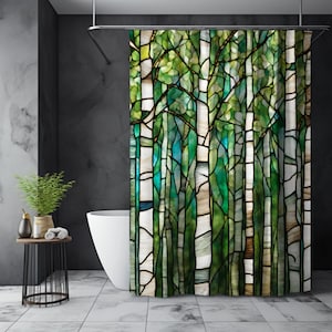 Stained Glass Birch Trees Shower Curtain Modern Art Deco Forest Scenery ...