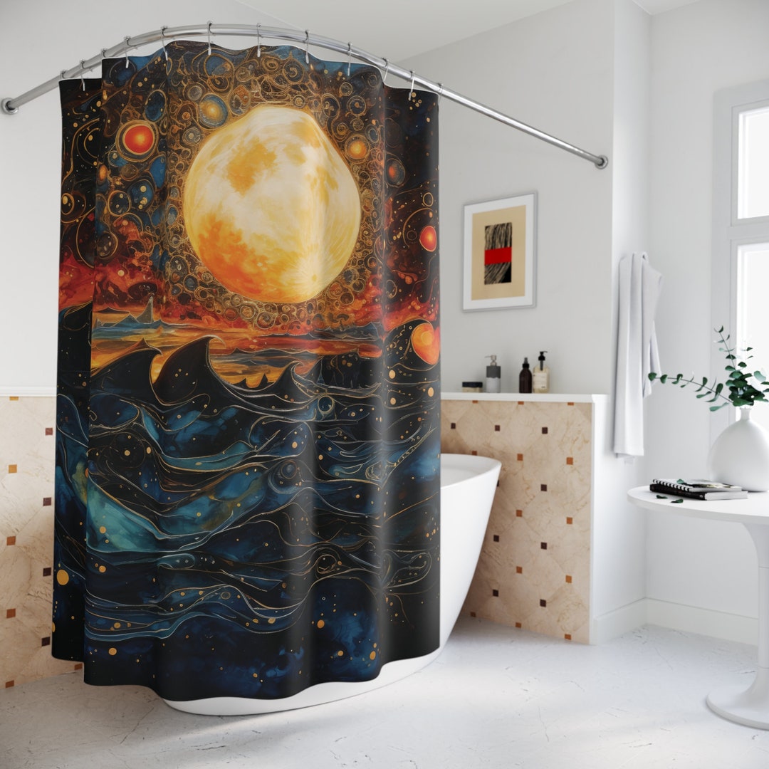 Fiery Moon Over Waves Shower Curtain Art Nouveau Fantasy Sky Decor Full ...