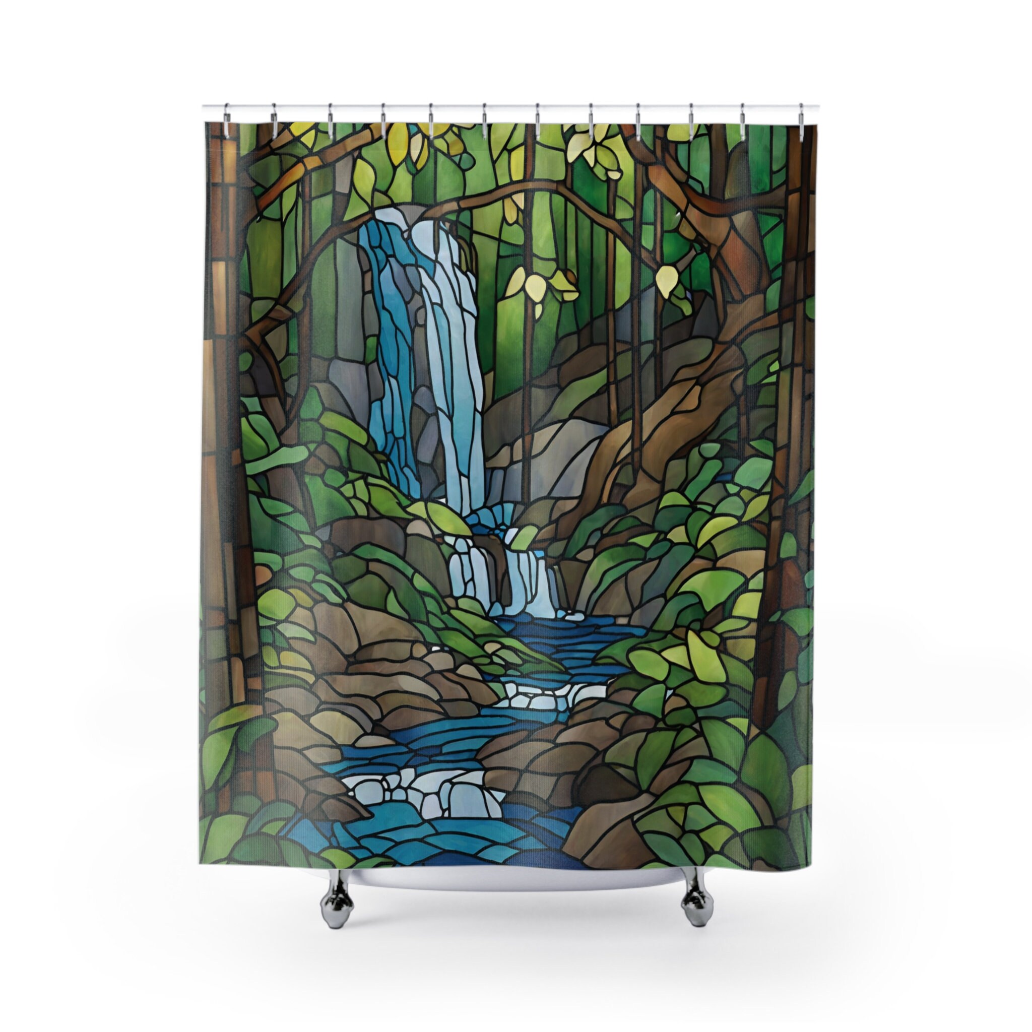 Stained Glass Waterfall in Forest Shower Curtain, Stained Glass ...