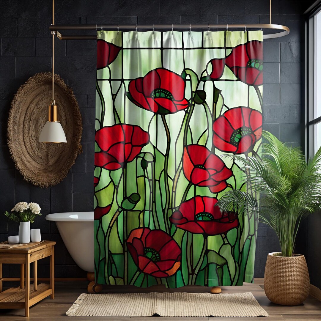 Stained Glass Poppy Shower Curtain Floral Home Bathroom Decor Red ...