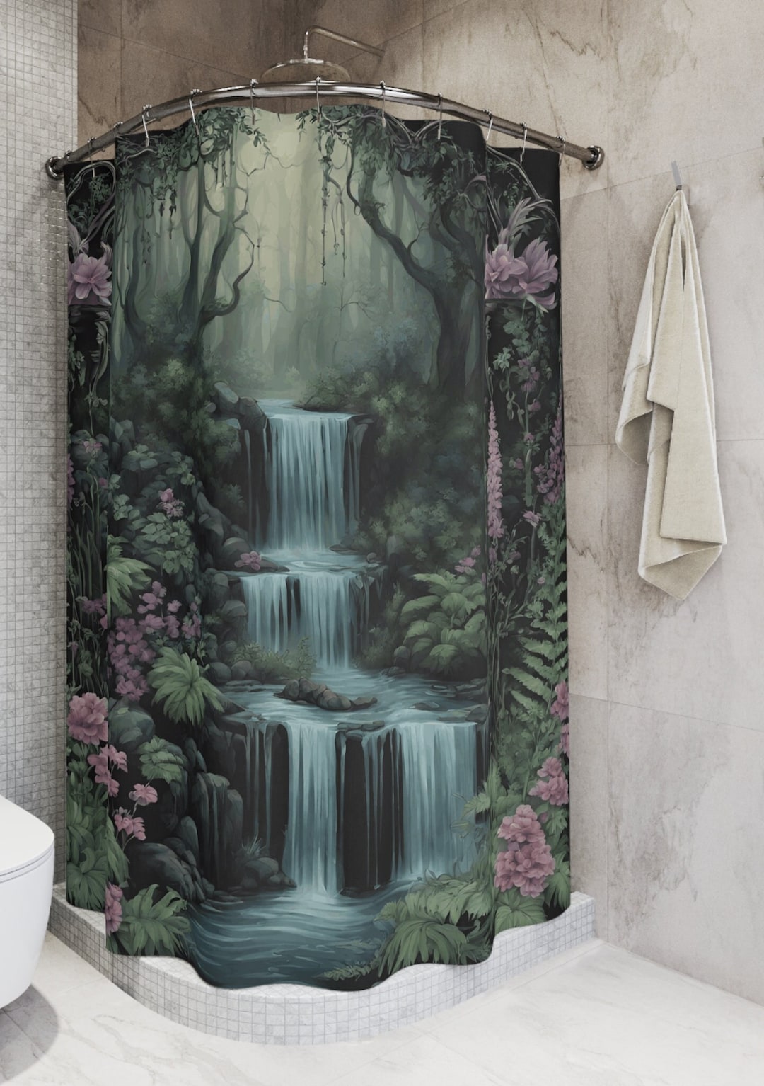 Gothic Pink Flowers Waterfall Scene Shower Curtain Dark Cottagecore ...