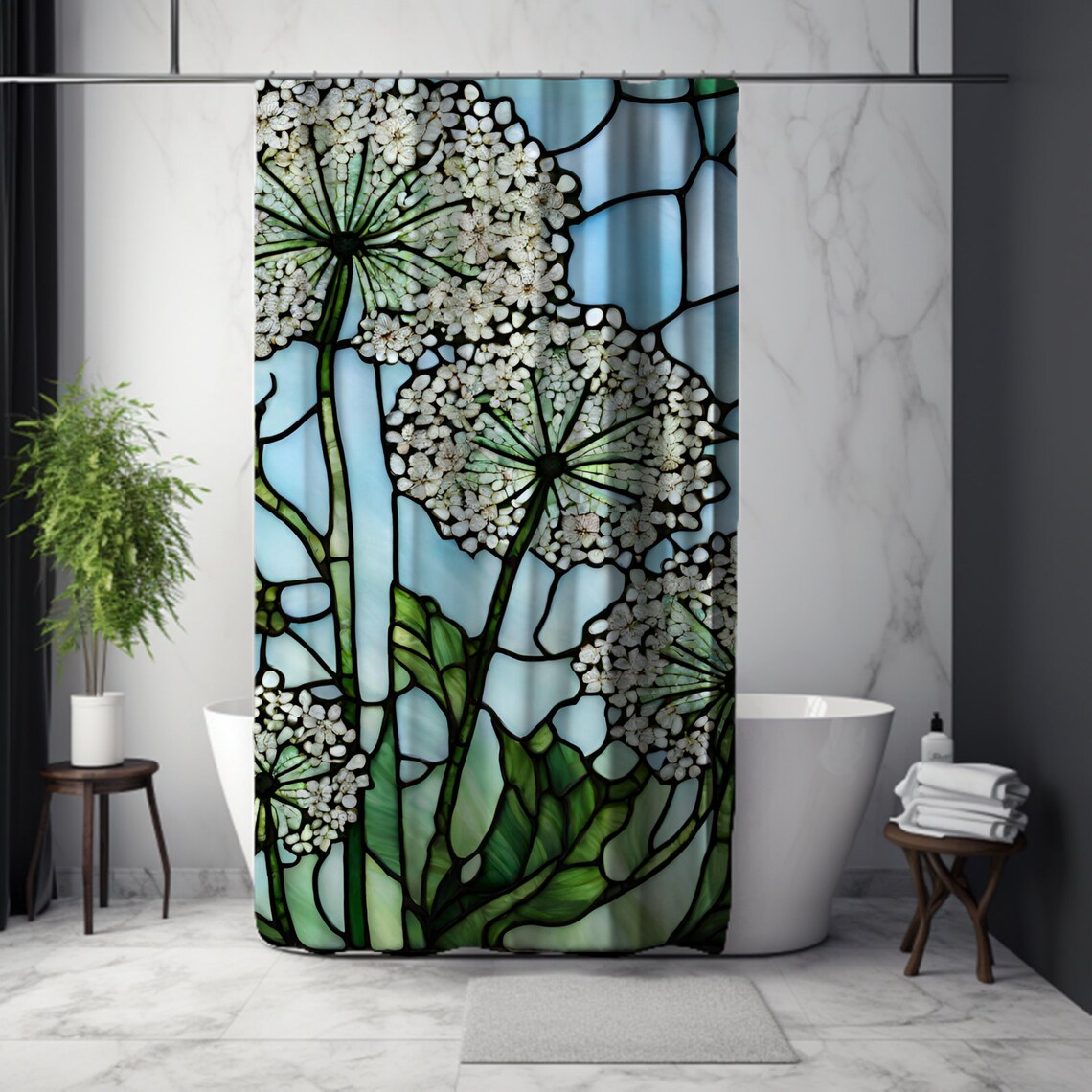 Stained Glass Queen Anne's Lace Shower Curtain Cottagecore Wildflower ...