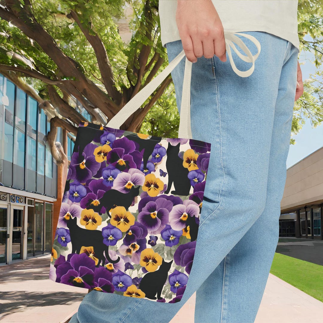 Black Cats With Violets Tote Bag Floral Collage Bag Purple Flower Pansy ...