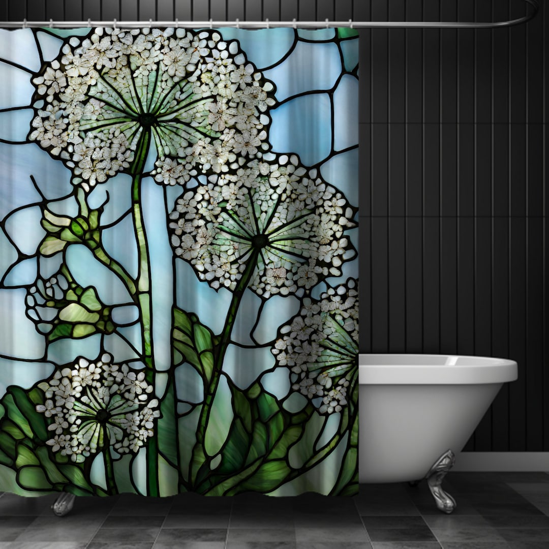 Stained Glass Queen Anne's Lace Shower Curtain Cottagecore Wildflower ...