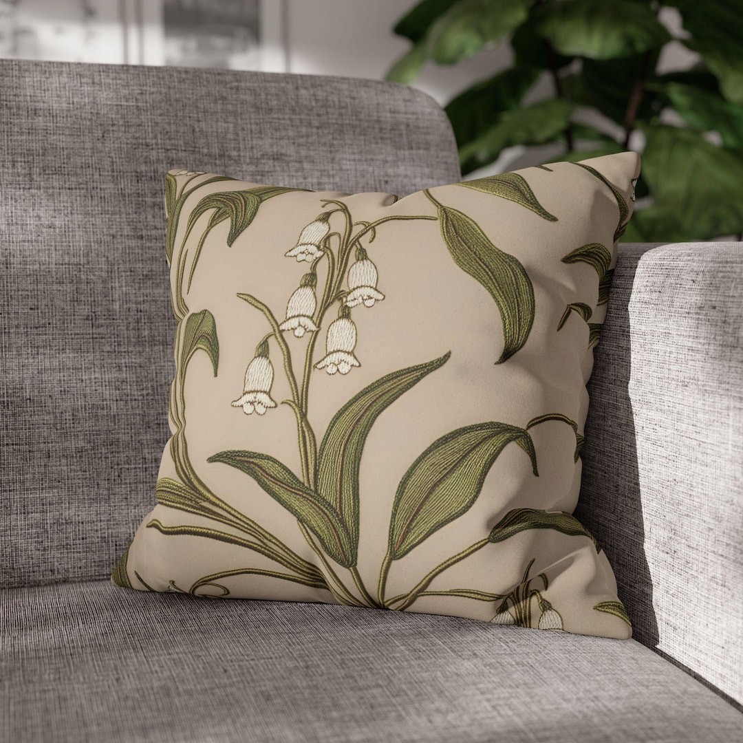 Woodland Flower Faux Embroidery Square Pillow Botanical Faux Suede ...