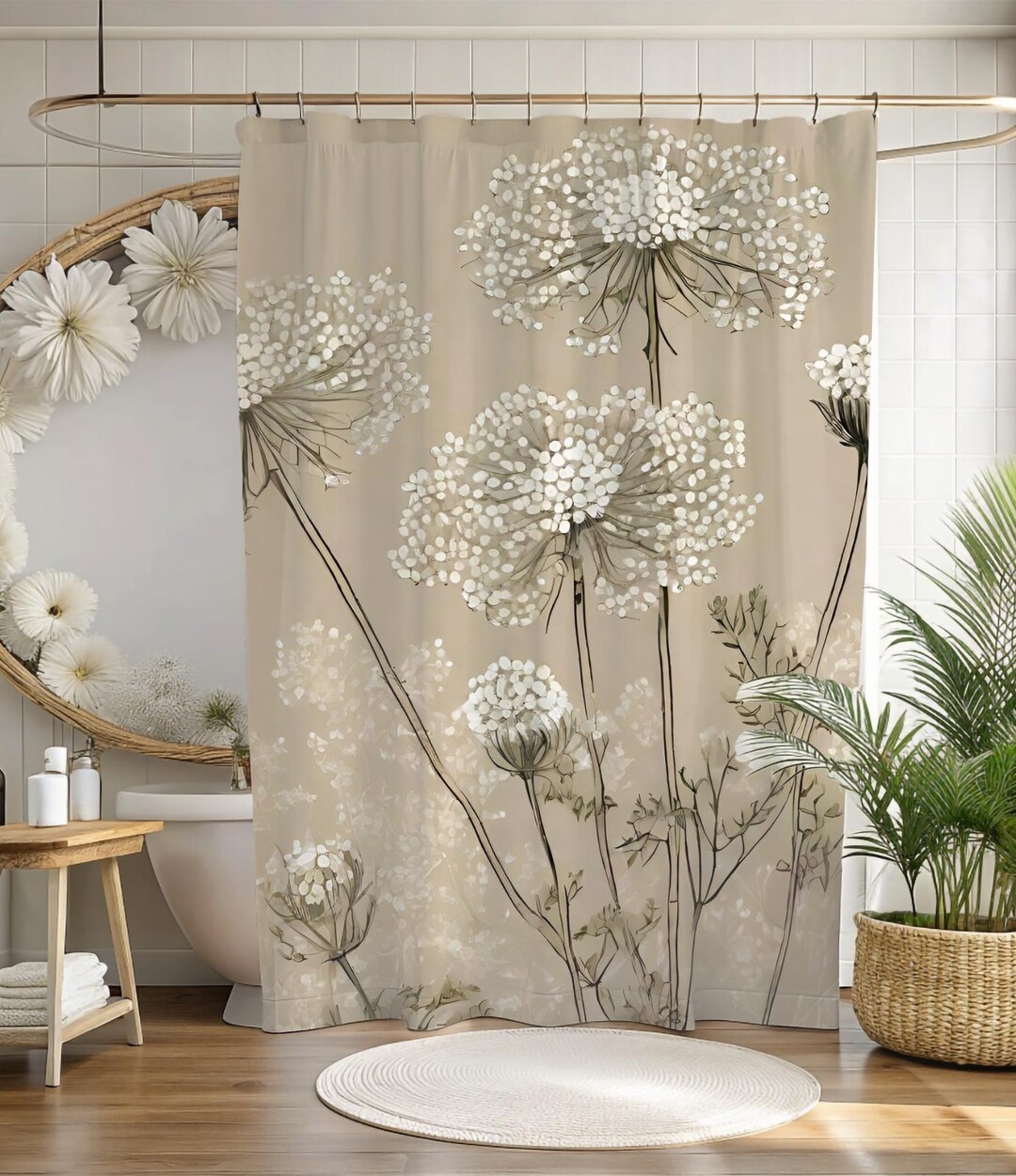 Queen Anne's Lace Gray Shower Curtain Vintage-style White Wildflowers ...