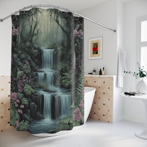 Gothic Pink Flowers Waterfall Scene Shower Curtain Dark Cottagecore ...