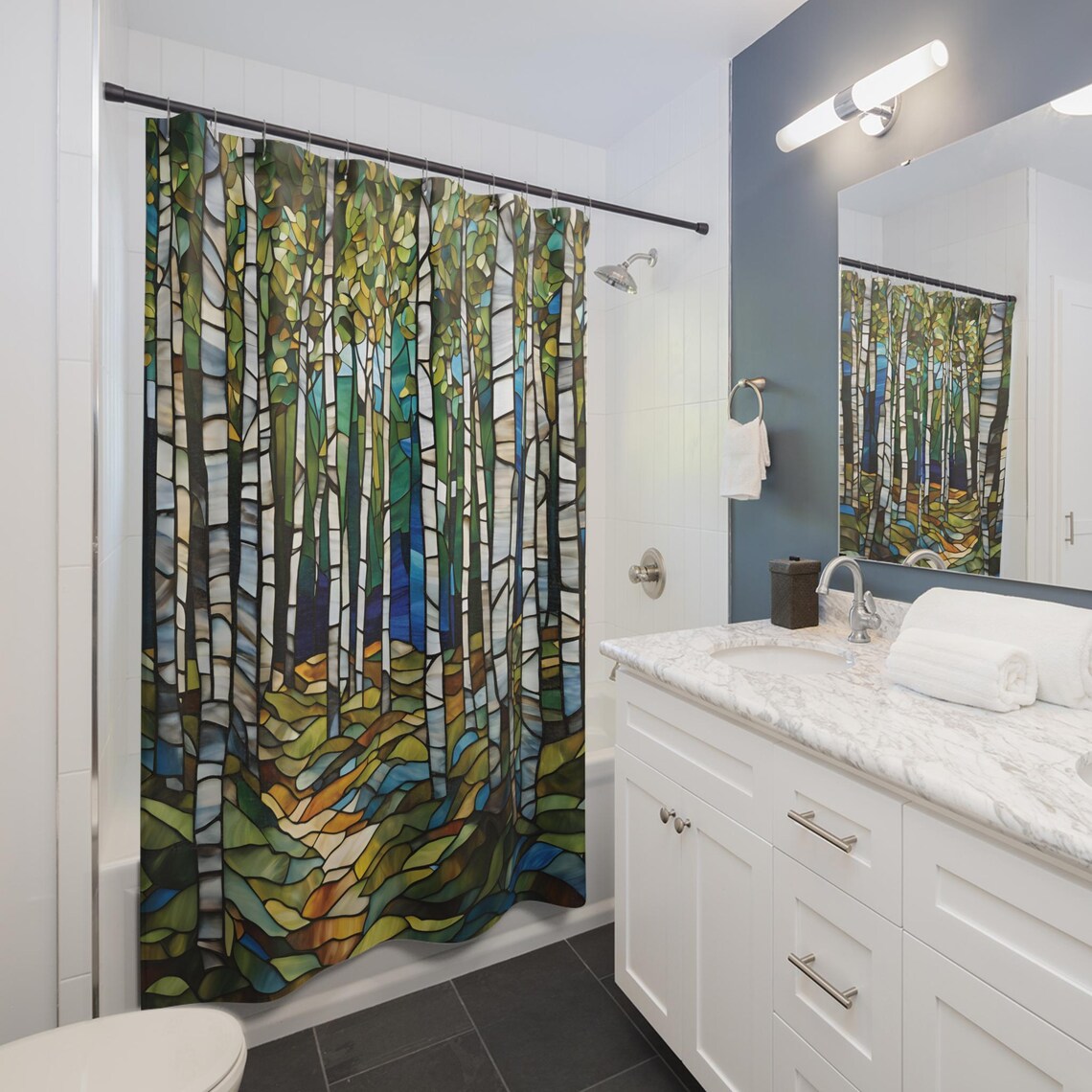 Stained Glass Birch Woods With Blue Shower Curtain Modern Art Deco ...