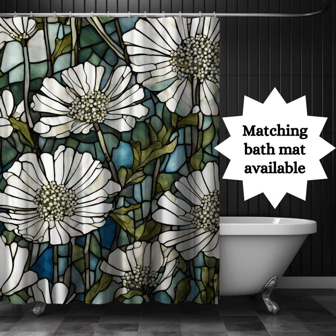Stained Glass White Wildflowers Shower Curtain Boho Flower Botanical ...