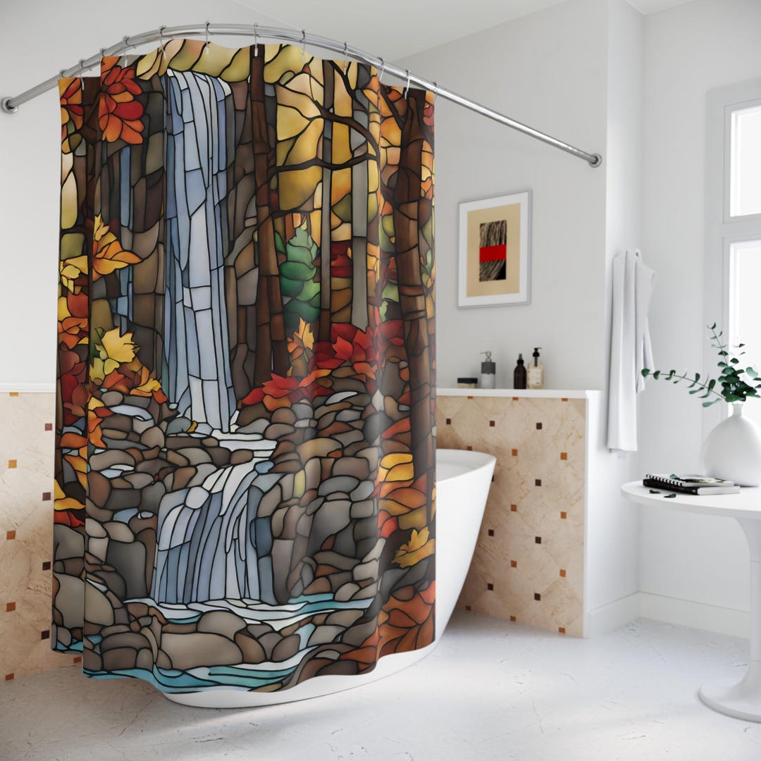 Stained Glass Fall Forest Waterfall Shower Curtain Autumn Woods Nature ...
