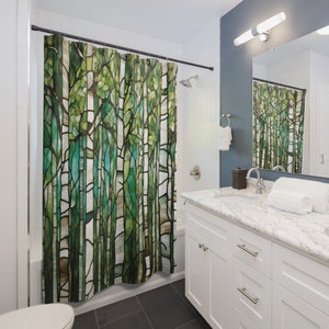 Stained Glass Birch Trees Shower Curtain Modern Art Deco Forest Scenery ...