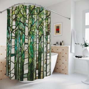 Stained Glass Birch Trees Shower Curtain Modern Art Deco Forest Scenery ...