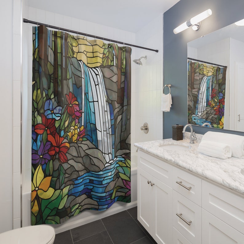 Stained Glass Waterfall With Bold Flowers Shower Curtain Floral Forest ...
