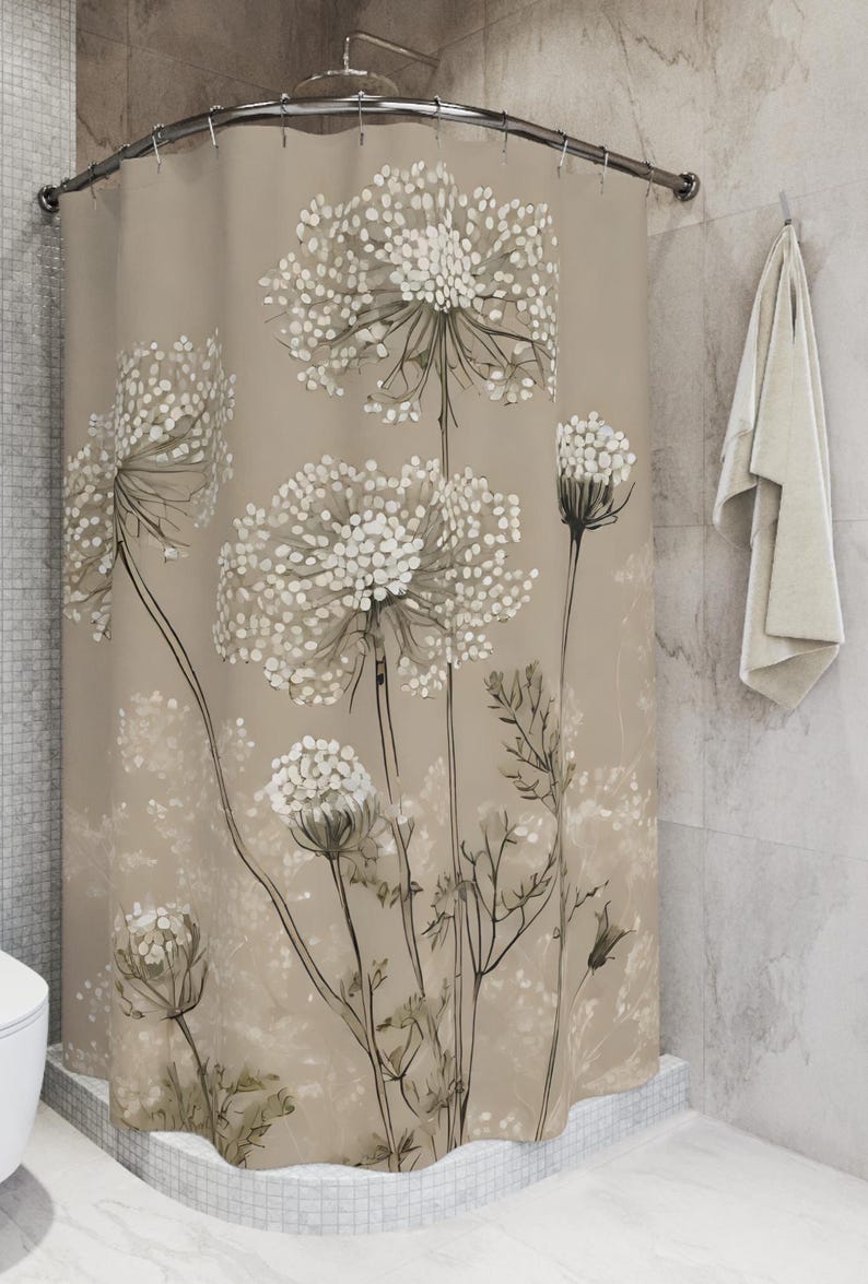 Queen Anne's Lace Gray Shower Curtain Vintage-style White Wildflowers ...