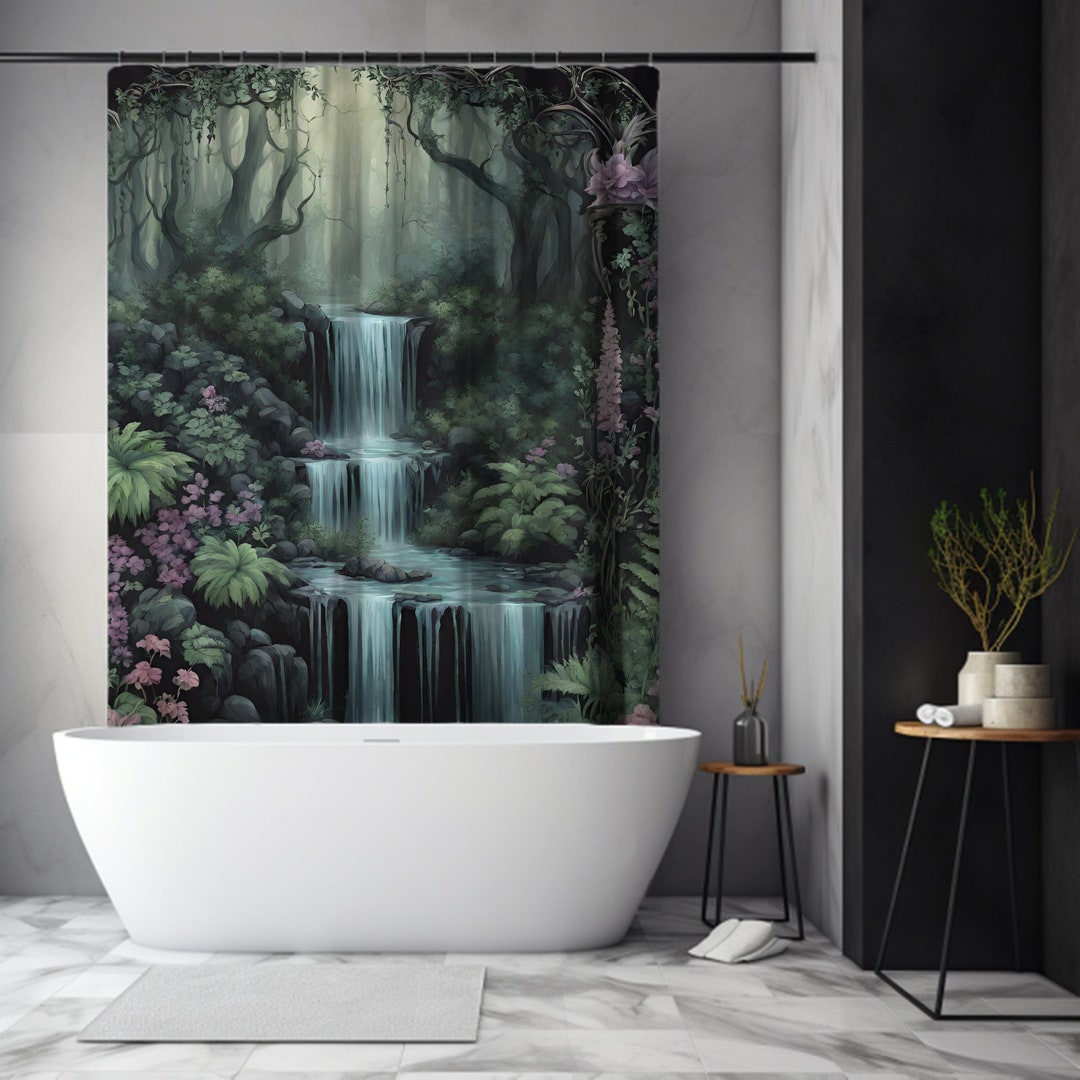 Gothic Pink Flowers Waterfall Scene Shower Curtain, Dark Cottagecore ...