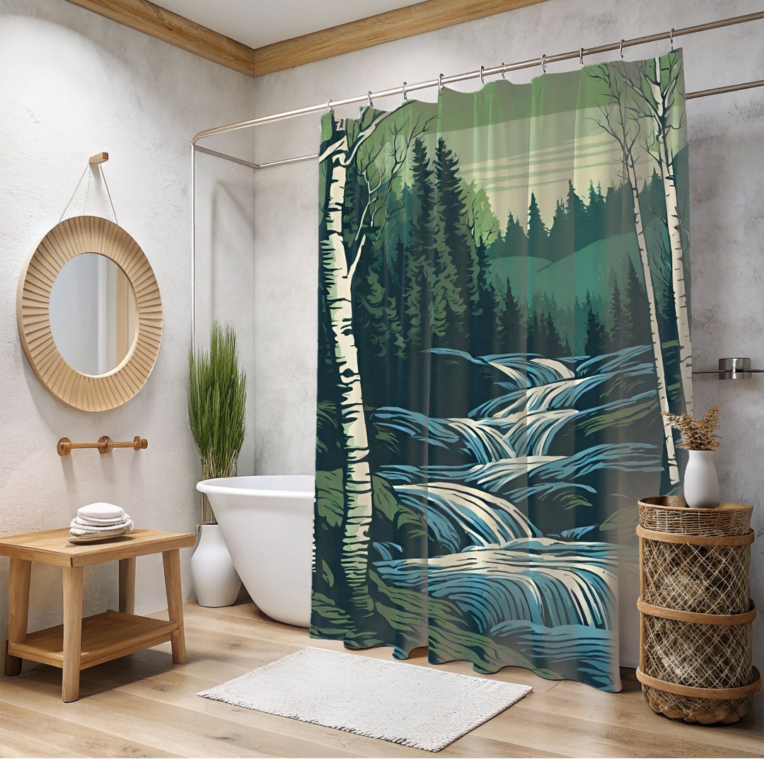 Birch Trees Waterfall Shower Curtain Forest Scene Bathroom Decor in ...
