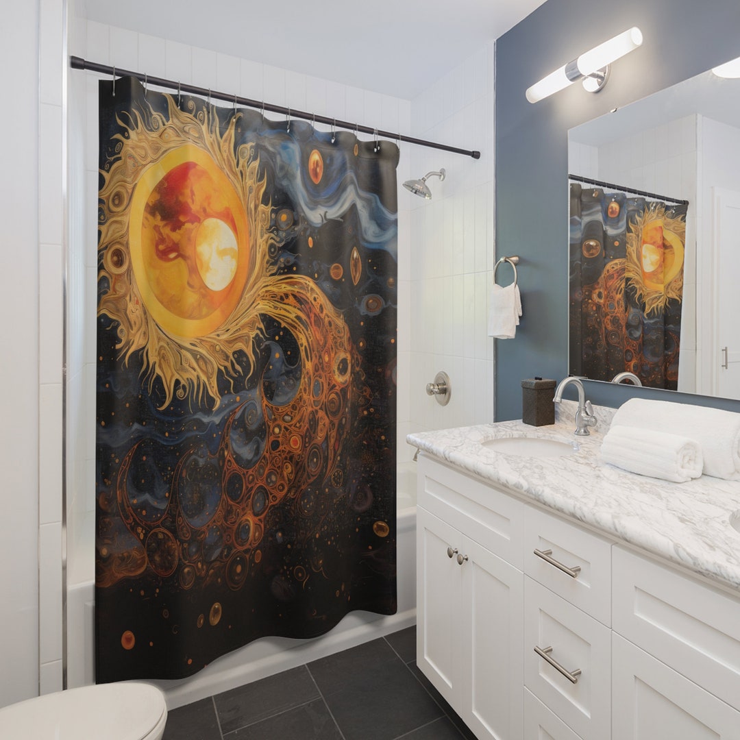 Fiery Sun in Cosmos Shower Curtain Fantasy Sky Decor Celestial Bathroom ...