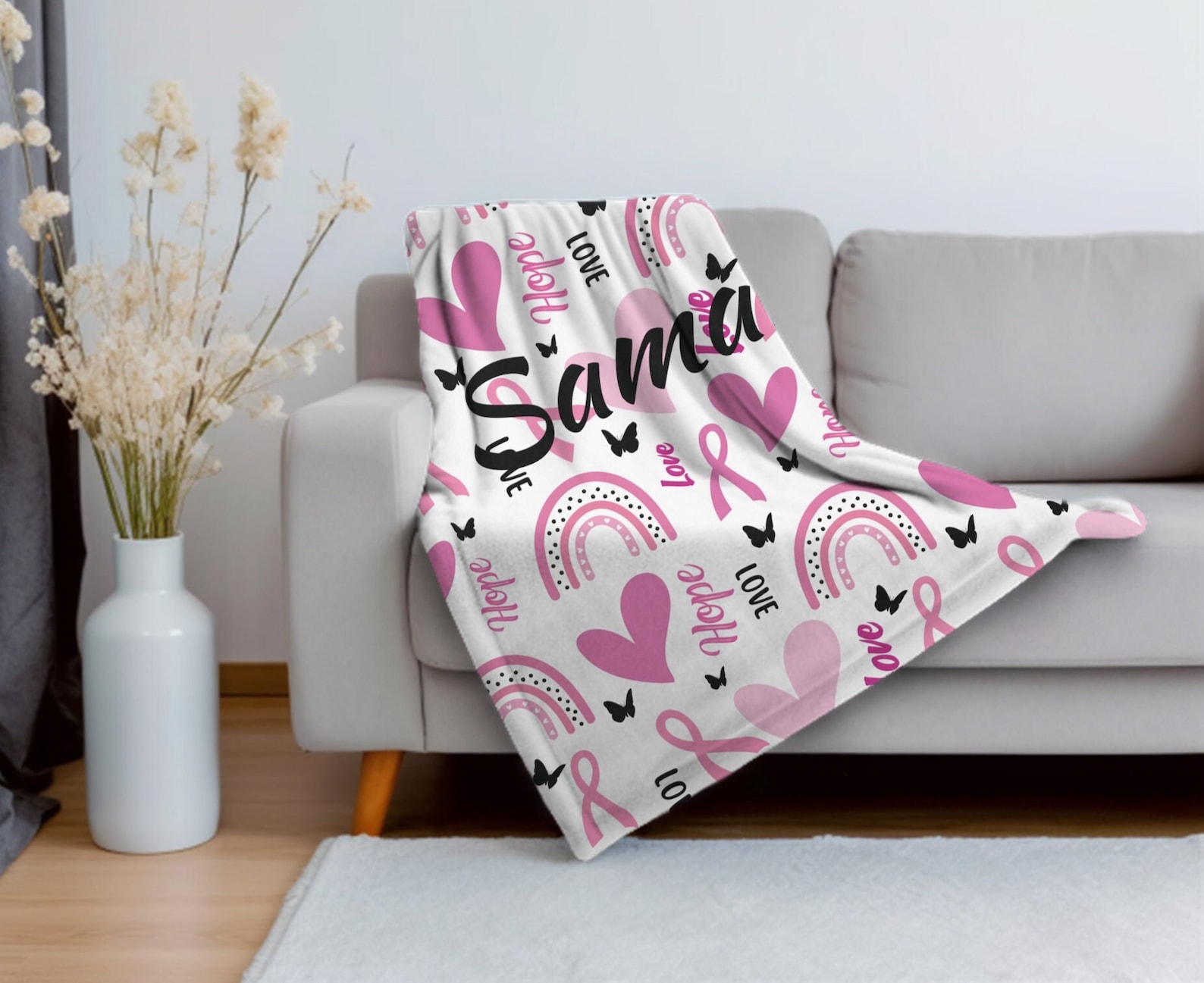 Personalized Pink Ribbon Breast Cancer Awareness Velveteen Blanket ...