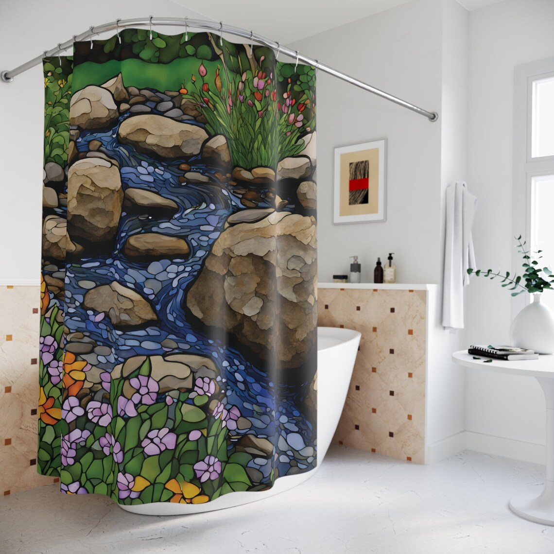 Stained Glass Brook With Wildflowers Shower Curtain, Nature Landscape ...