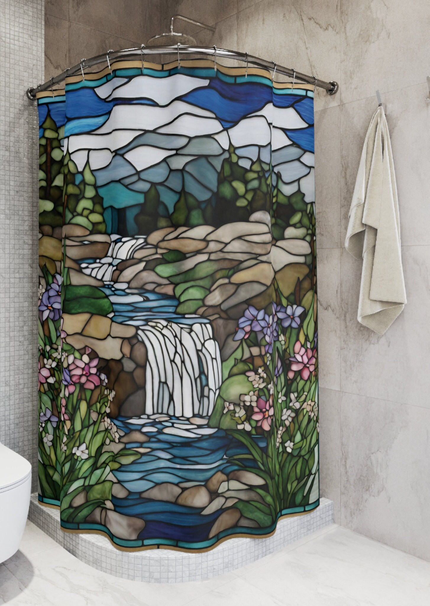 Stained Glass Waterfall and Wildflowers Shower Curtain Nature Shower ...