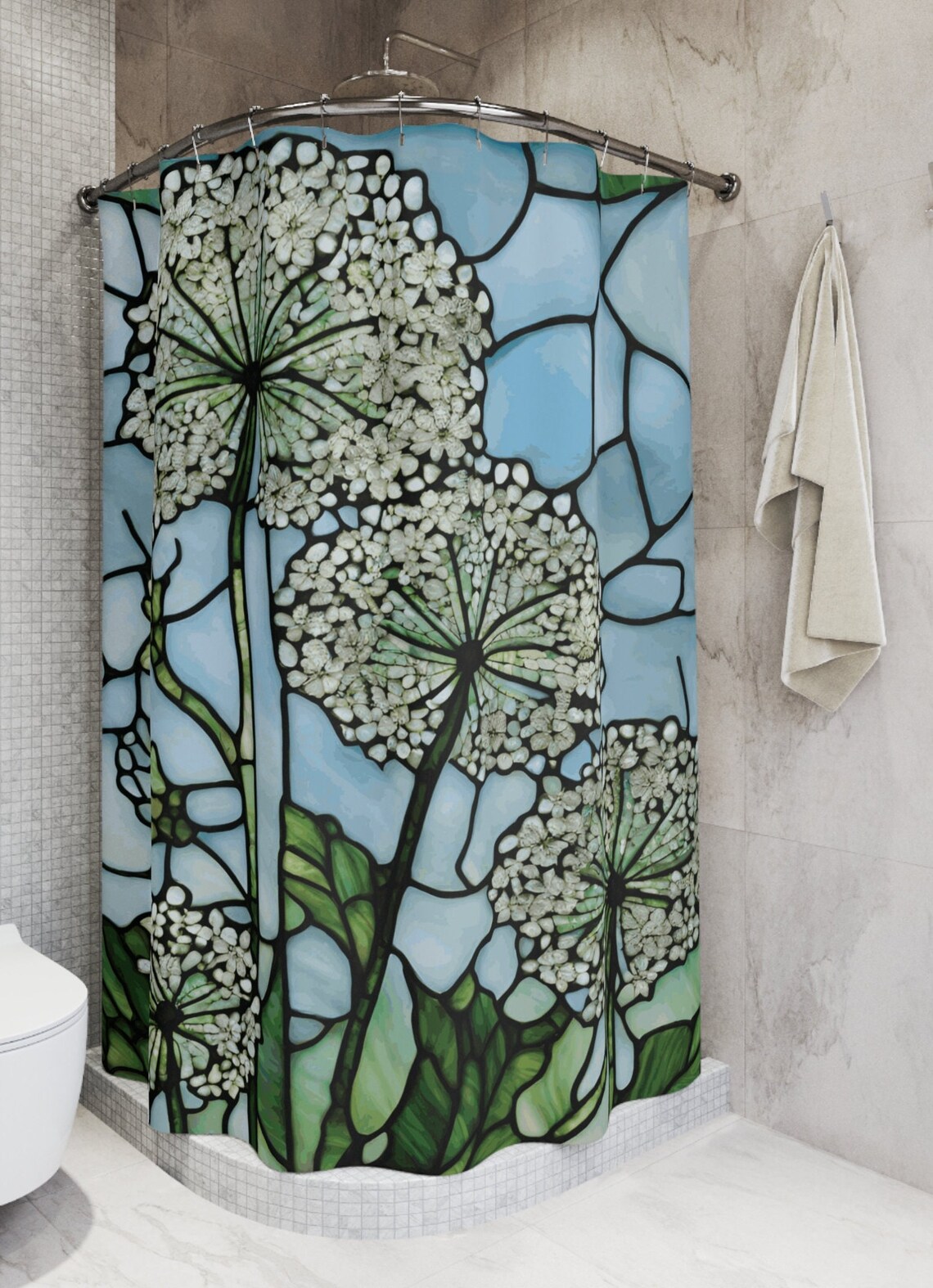 Stained Glass Queen Anne's Lace Shower Curtain Cottagecore Wildflower ...