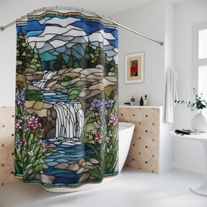 Stained Glass Waterfall and Wildflowers Shower Curtain Nature Shower ...