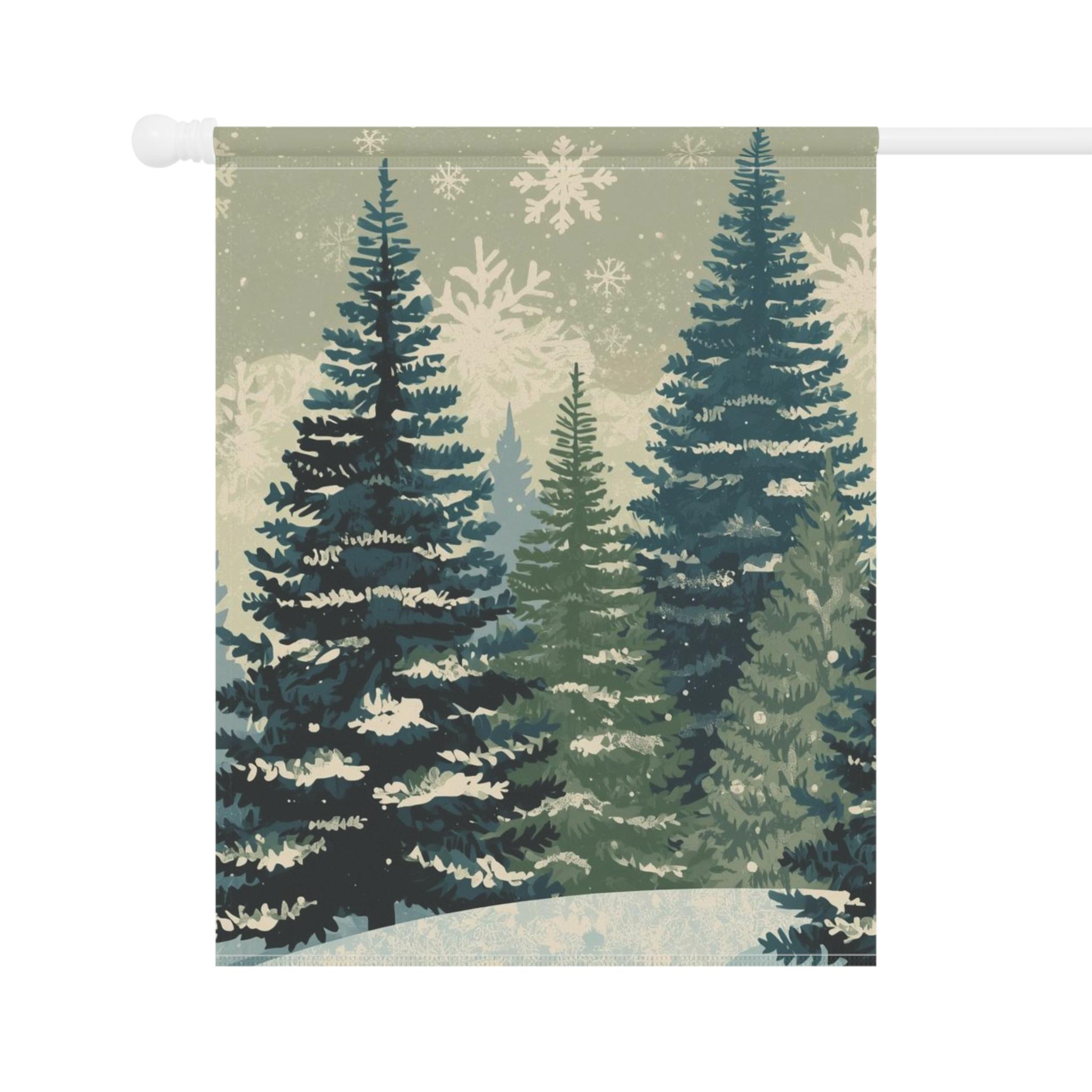 Vintage-style Snowy Evergreen Tree Garden Flag Rustic Winter Forest ...