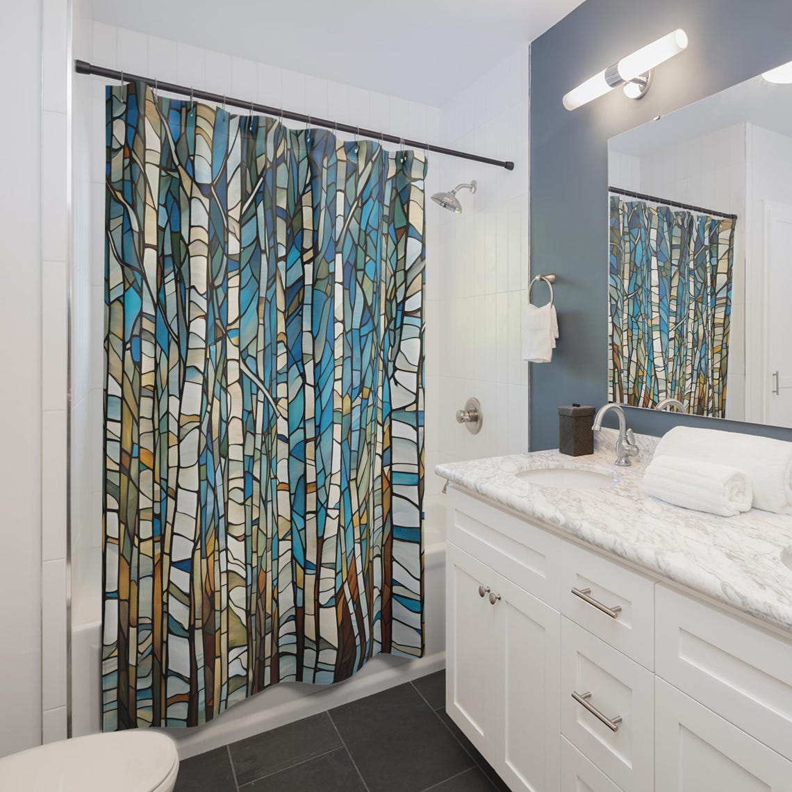 Blue Stained Glass Birch Forest Shower Curtain Modern Art Deco Aspen ...