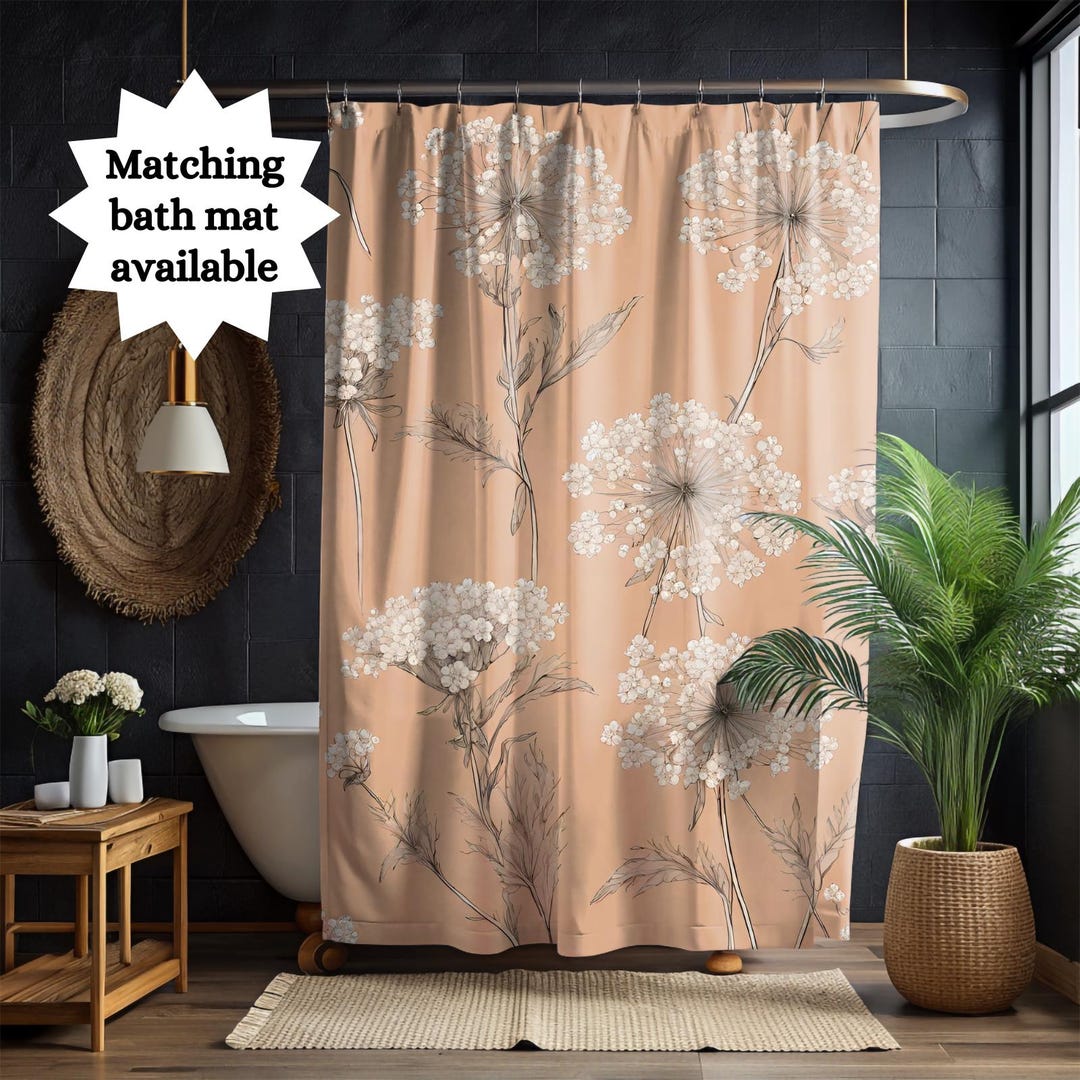 Queen Anne's Lace Wildflowers Shower Curtain Peach-toned Bathroom Decor ...