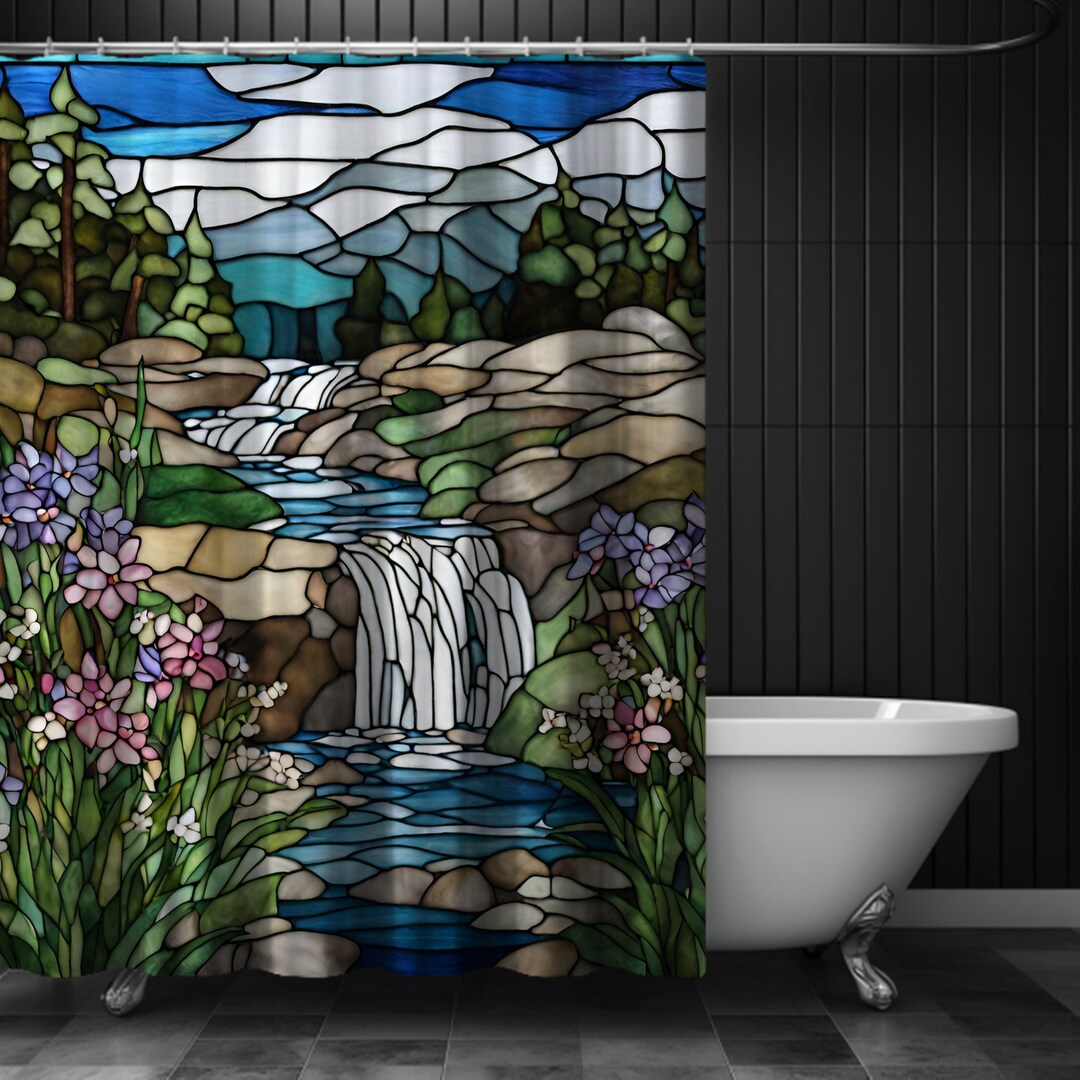 Stained Glass Waterfall and Wildflowers Shower Curtain Nature Shower ...