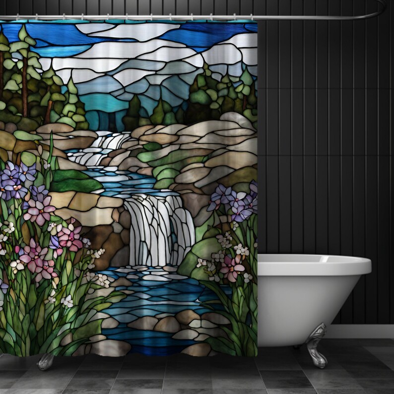 Stained Glass Waterfall and Wildflowers Shower Curtain Nature-themed ...