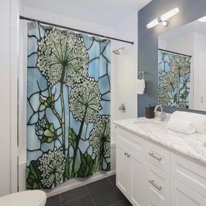 Stained Glass Queen Anne's Lace Shower Curtain Cottagecore Wildflower ...
