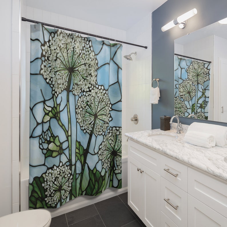 Stained Glass Queen Anne's Lace Shower Curtain Cottagecore Wildflower ...