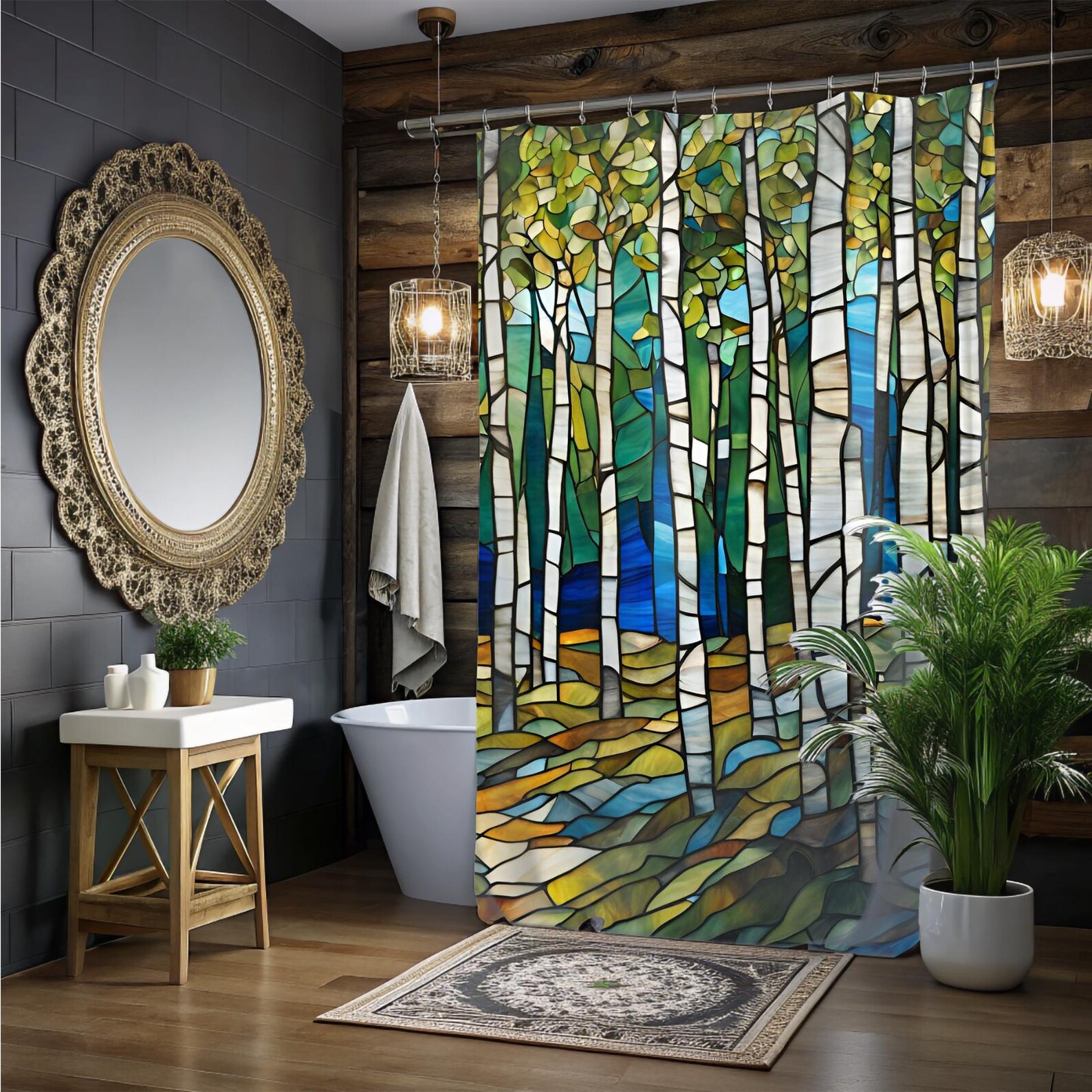 Stained Glass Birch Woods With Blue Shower Curtain Modern Art Deco ...