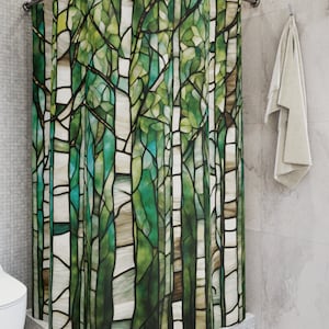 Stained Glass Birch Trees Shower Curtain Modern Art Deco Forest Scenery ...