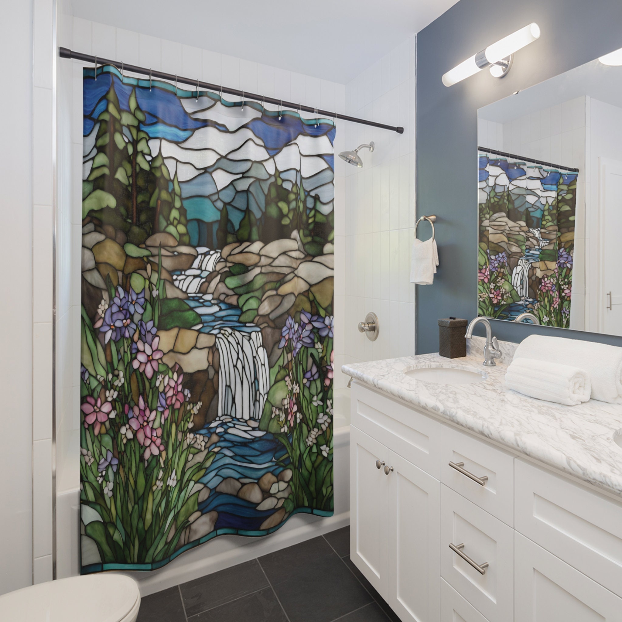 Stained Glass Waterfall and Wildflowers Shower Curtain, Nature Shower ...