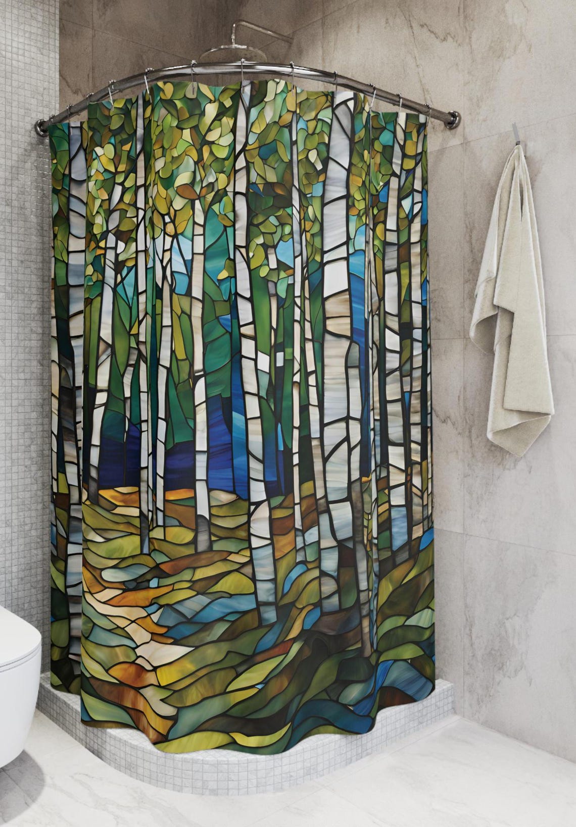 Stained Glass Birch Woods With Blue Shower Curtain Modern Art Deco ...