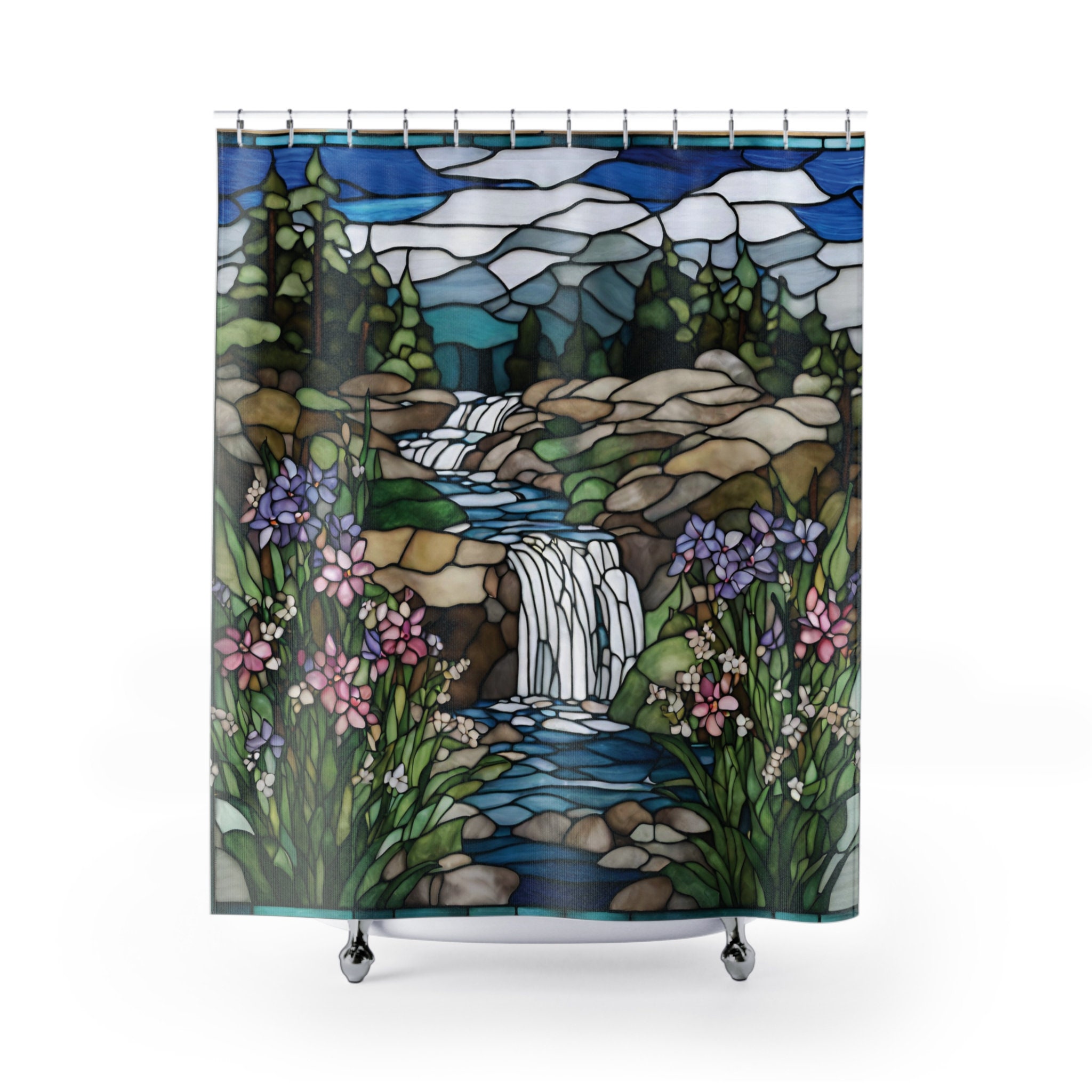 Stained Glass Waterfall and Wildflowers Shower Curtain Nature-themed ...